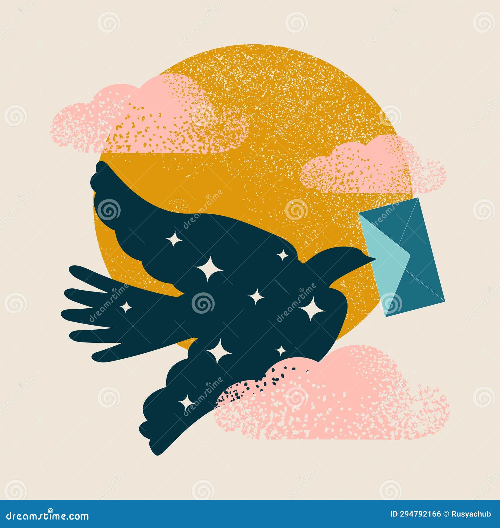 A Carrier Pigeon with an Envelope in Its Beak Flies Against a ...