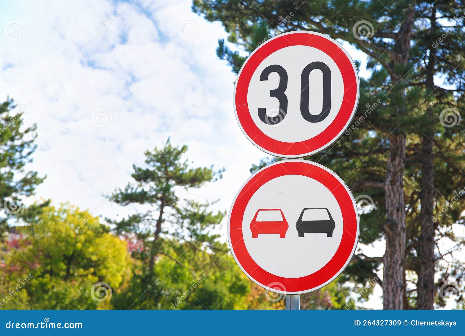 Post with Road Signs Maximum Speed 30 and No Overtaking Outdoors. Space ...