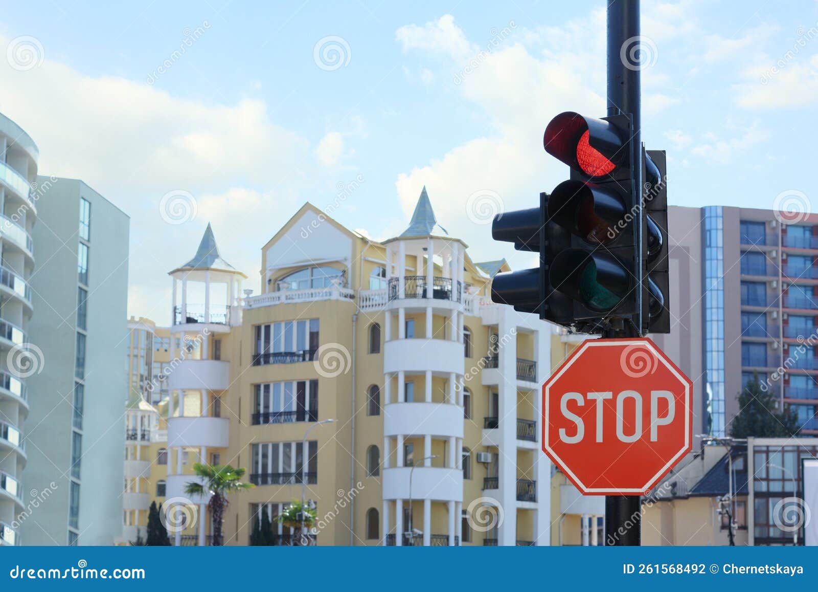Post with Sign Stop Near Traffic Lights Outdoors, Space for Text Stock ...