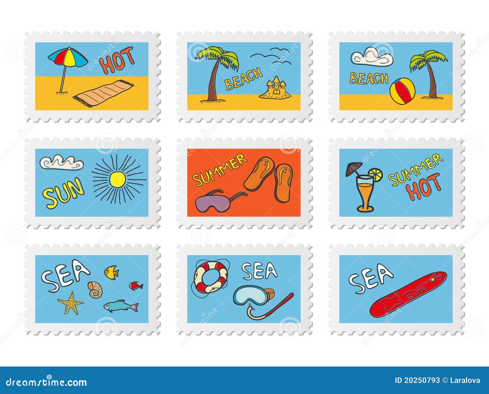 Post Stamps with Beach Doodles Stock Vector - Illustration of post ...