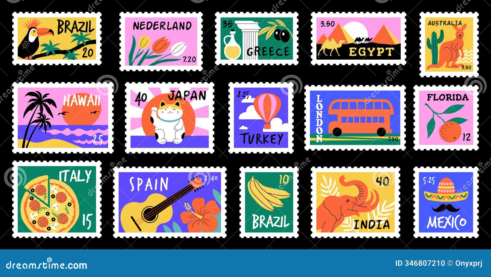 Post Stamps. World Landmark and Architectural Objects Illustrations on ...