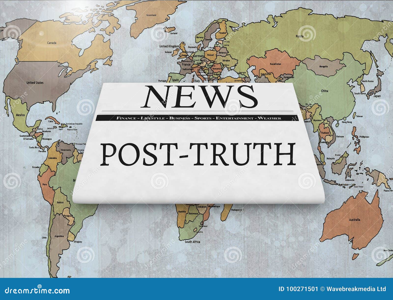 Post-truth Text on Newspaper Over Map of the World Stock Illustration ...