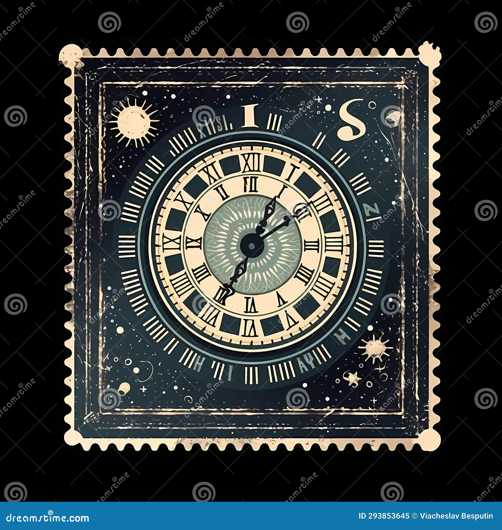 Postage Stamp with a Clock and Dial Stock Illustration - Illustration ...