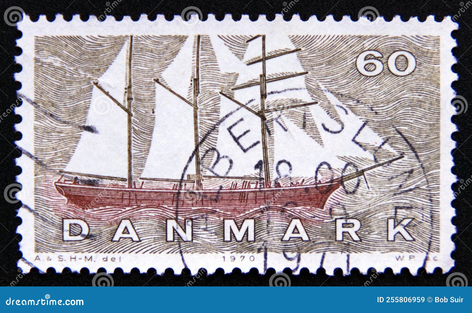 Postage Stamp Denmark, 1970. Thuroe Schooner with Topgallant Sailing ...