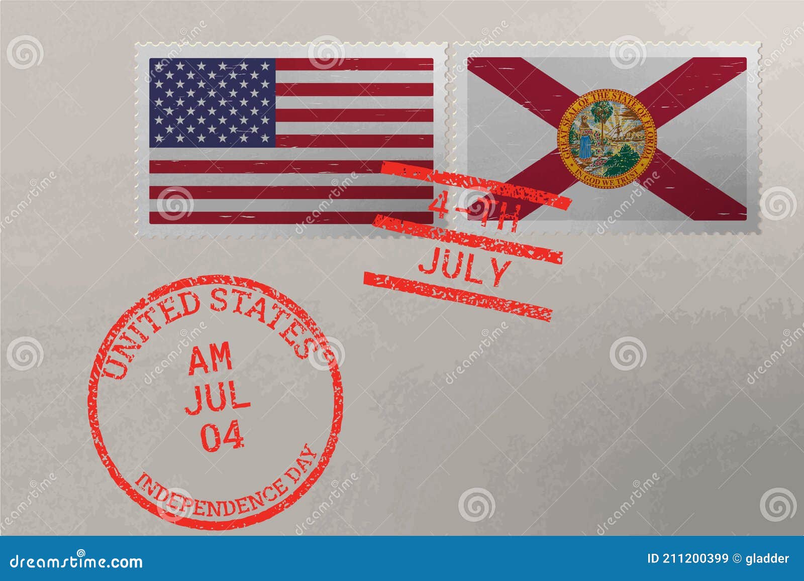 Postage Stamp Envelope with Florida and USA Flag and 4-th July Stamps ...