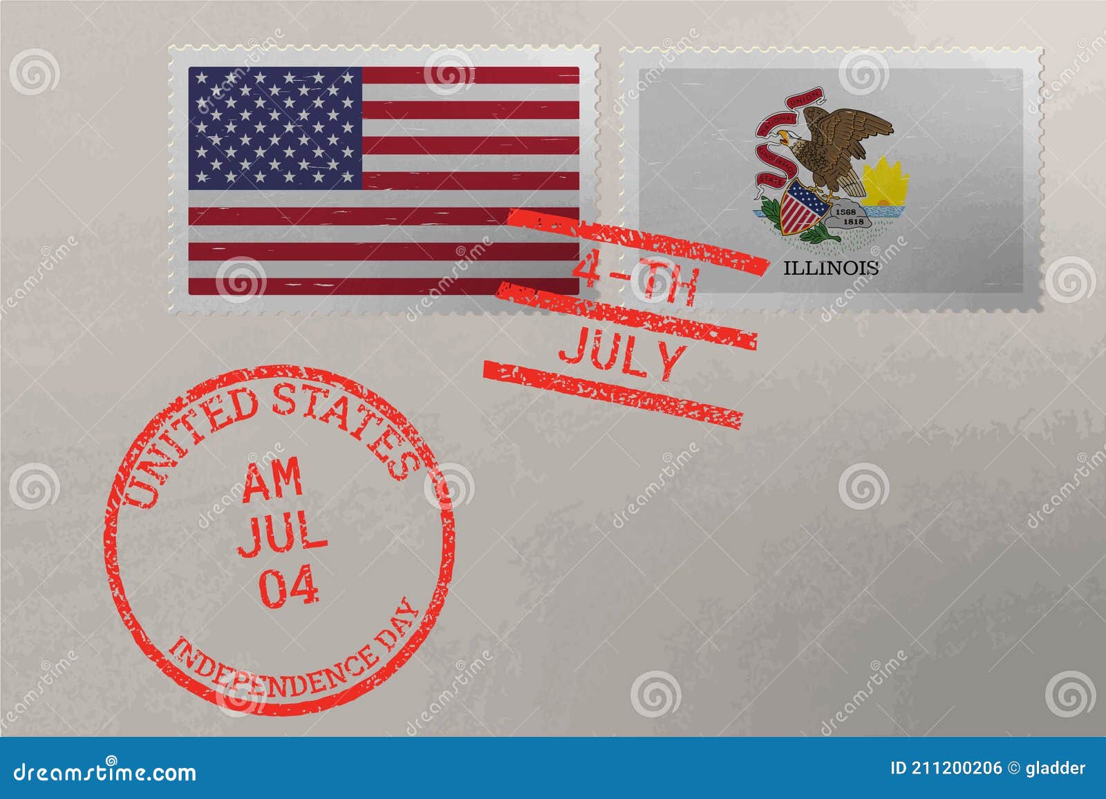 Postage Stamp Envelope with Illinois and USA Flag and 4-th July Stamps ...