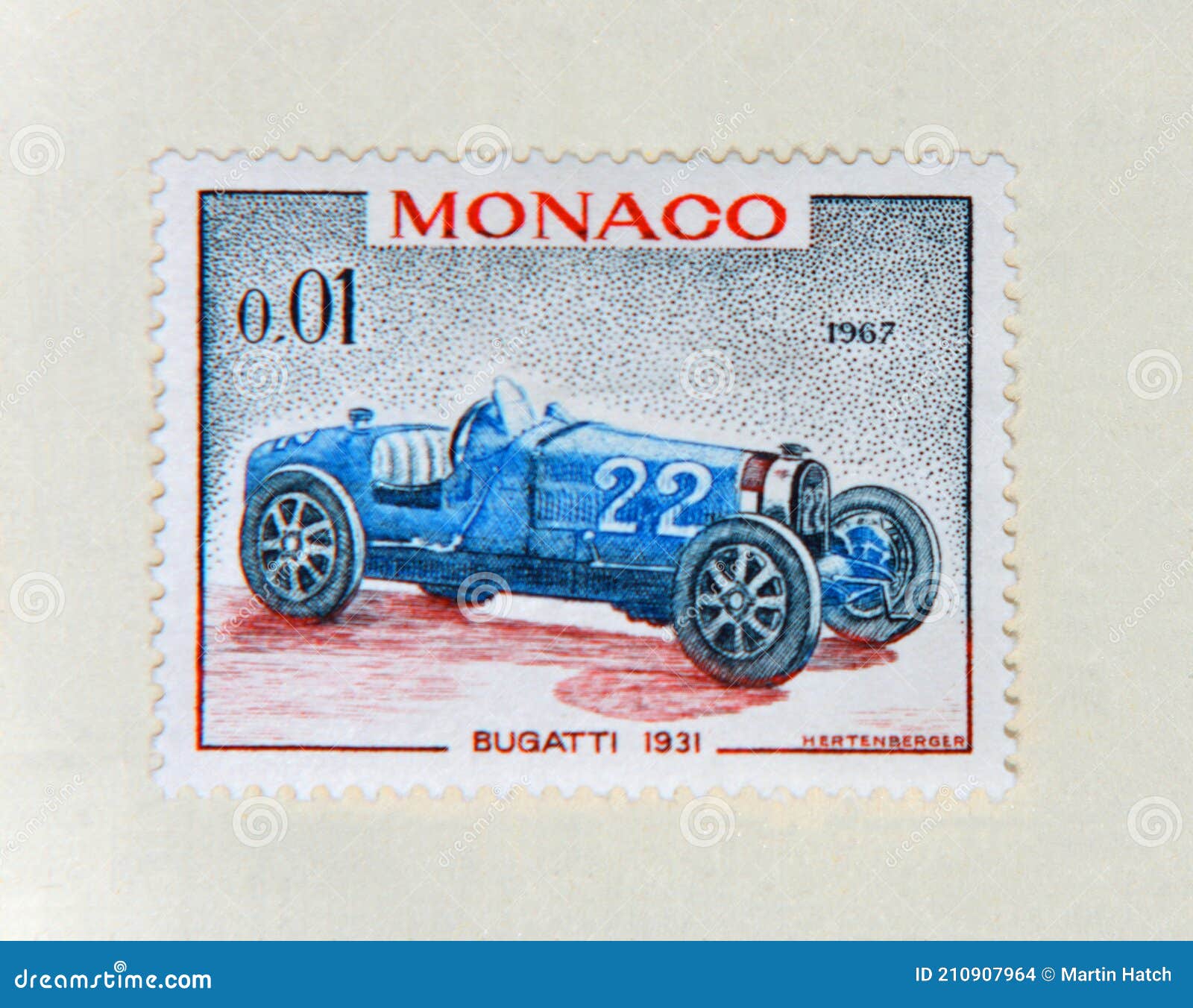 Postage Stamp from Monaco 1967 Showing a 1931 Blue Bugatti Racing Car ...