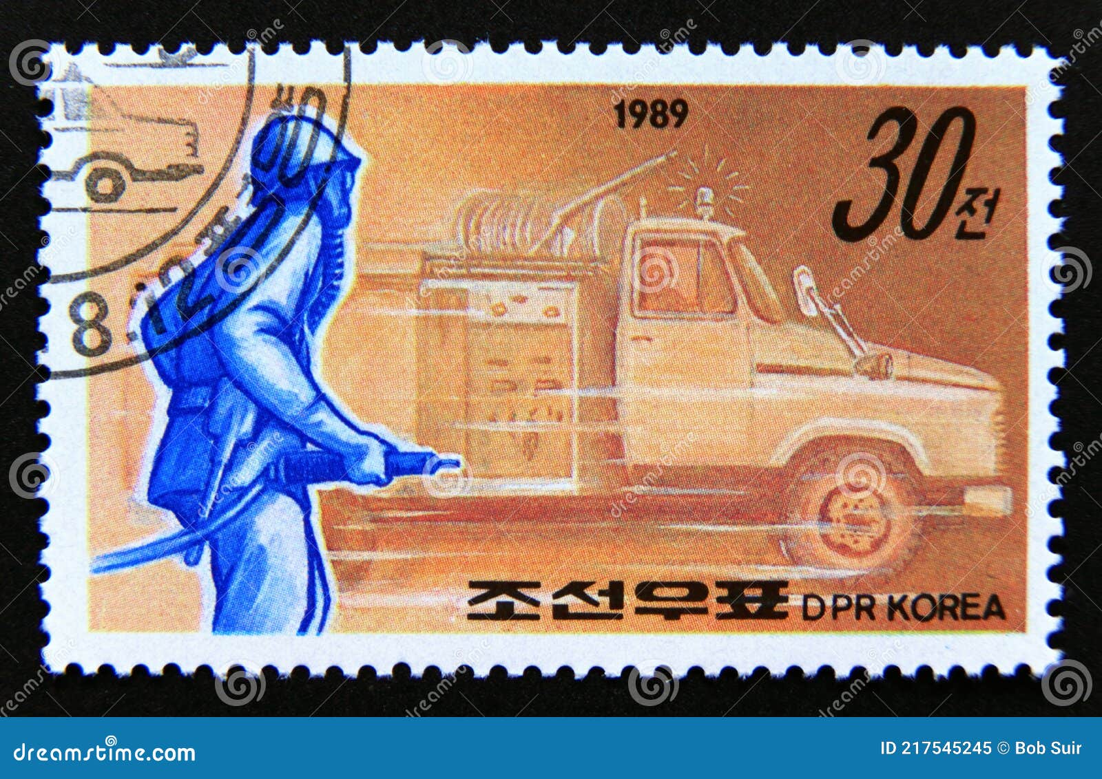 Postage Stamp North Korea 1989. Fireman and Fire Engine Editorial Image ...