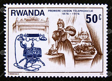 Postage Stamp Rwanda, 1976. First Telephone Call Editorial Photo ...
