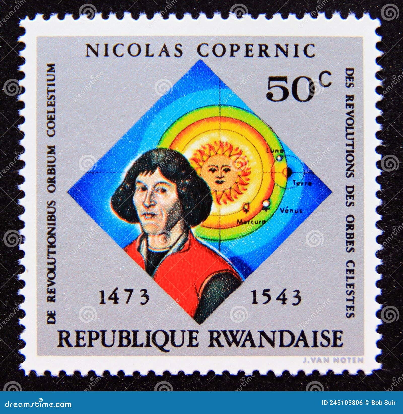 Postage Stamp Rwanda, 1973. Nicolas Copernicus and Heliocentric System ...