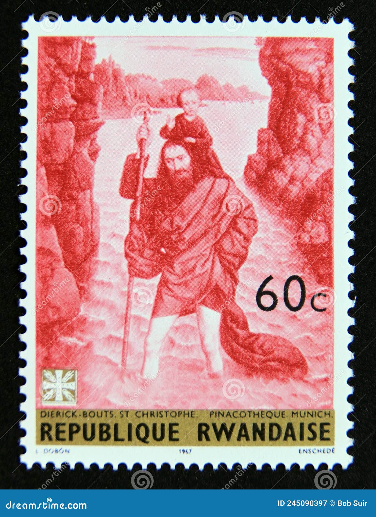 Postage Stamp Rwanda, 1967. Saint Christopher by Dieric Bouts Painting ...