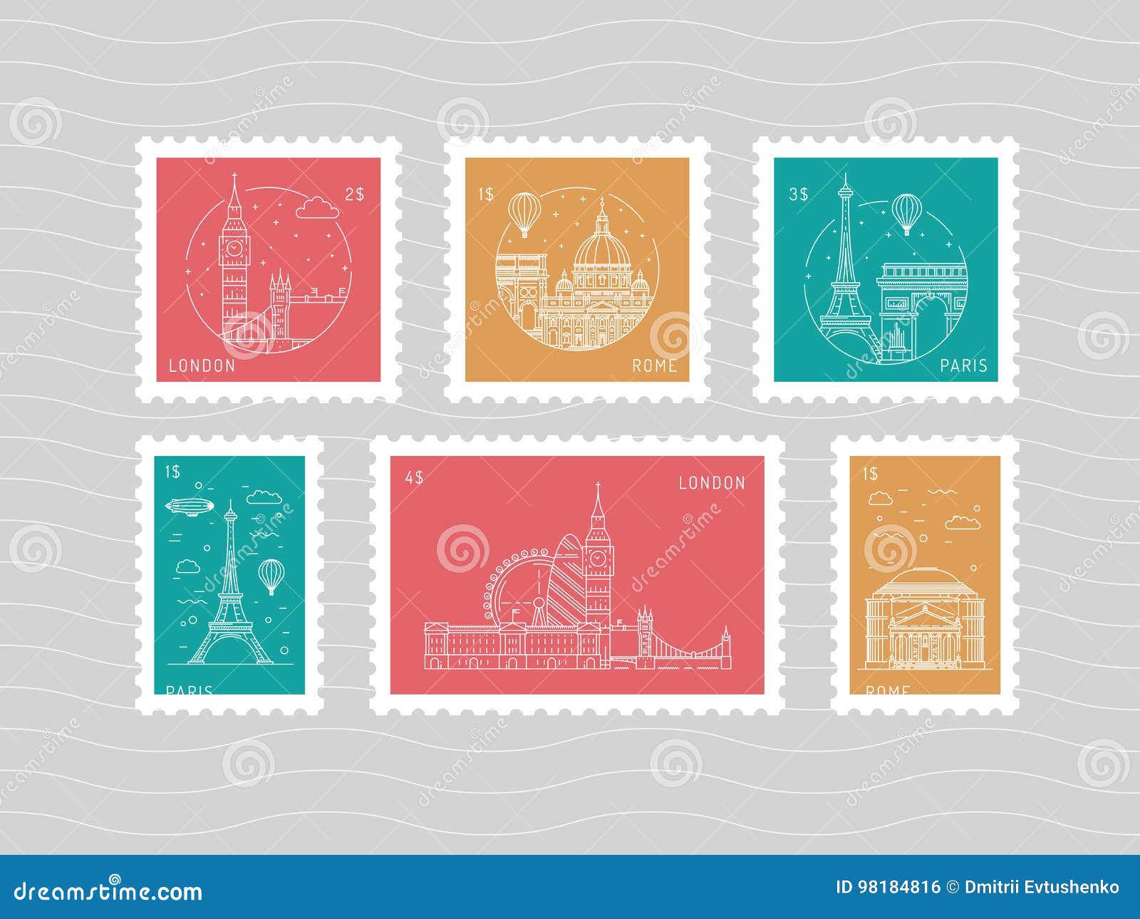 Postage Stamps With Architectural Landmarks Vector Illustration ...