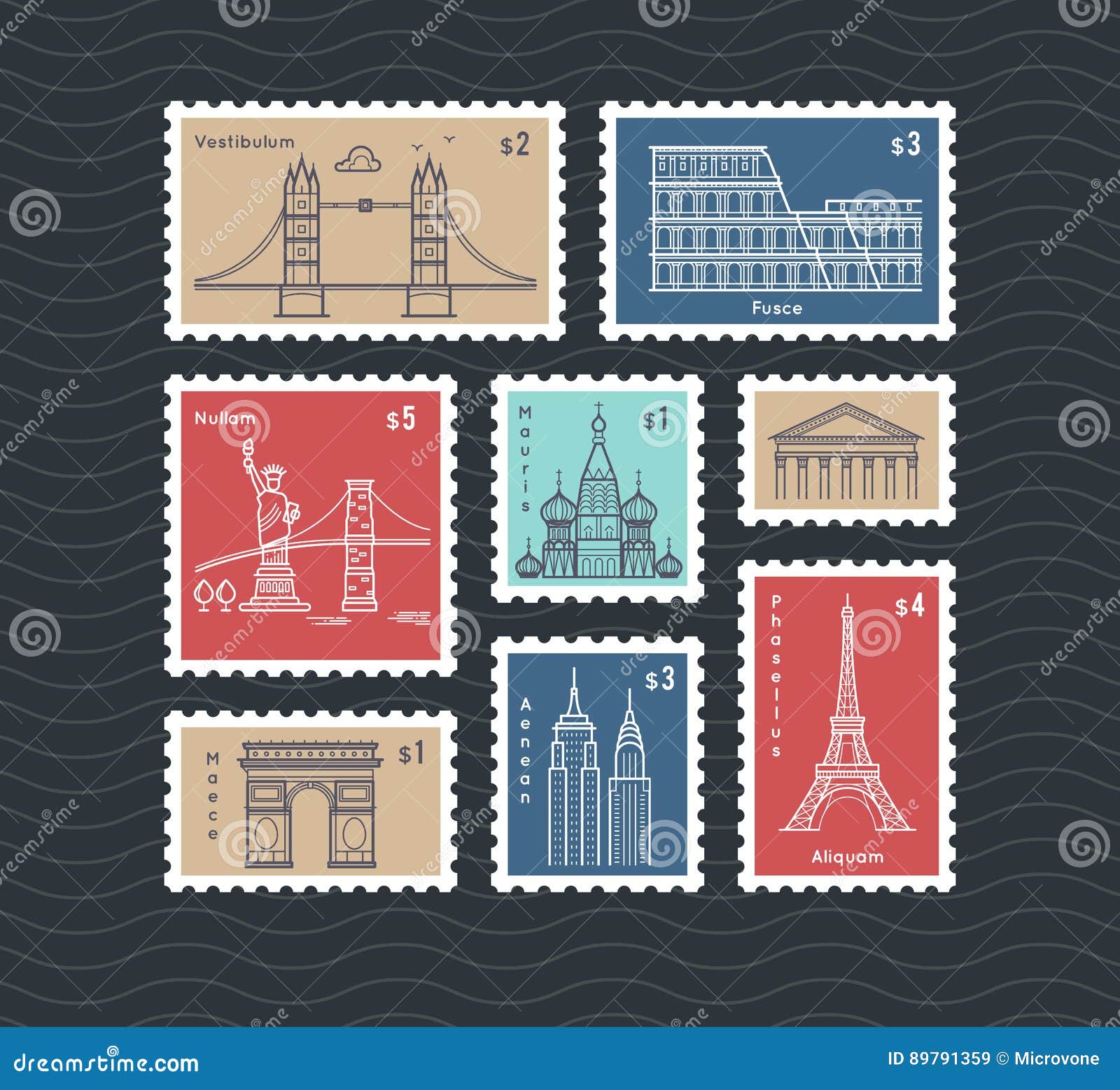 Postage Stamps with Line Travelling City National Landmarks Vector Set ...