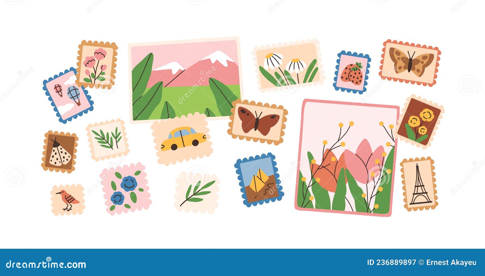 Postage Stamps and Post Cards. Different Postal Labels for Envelopes ...