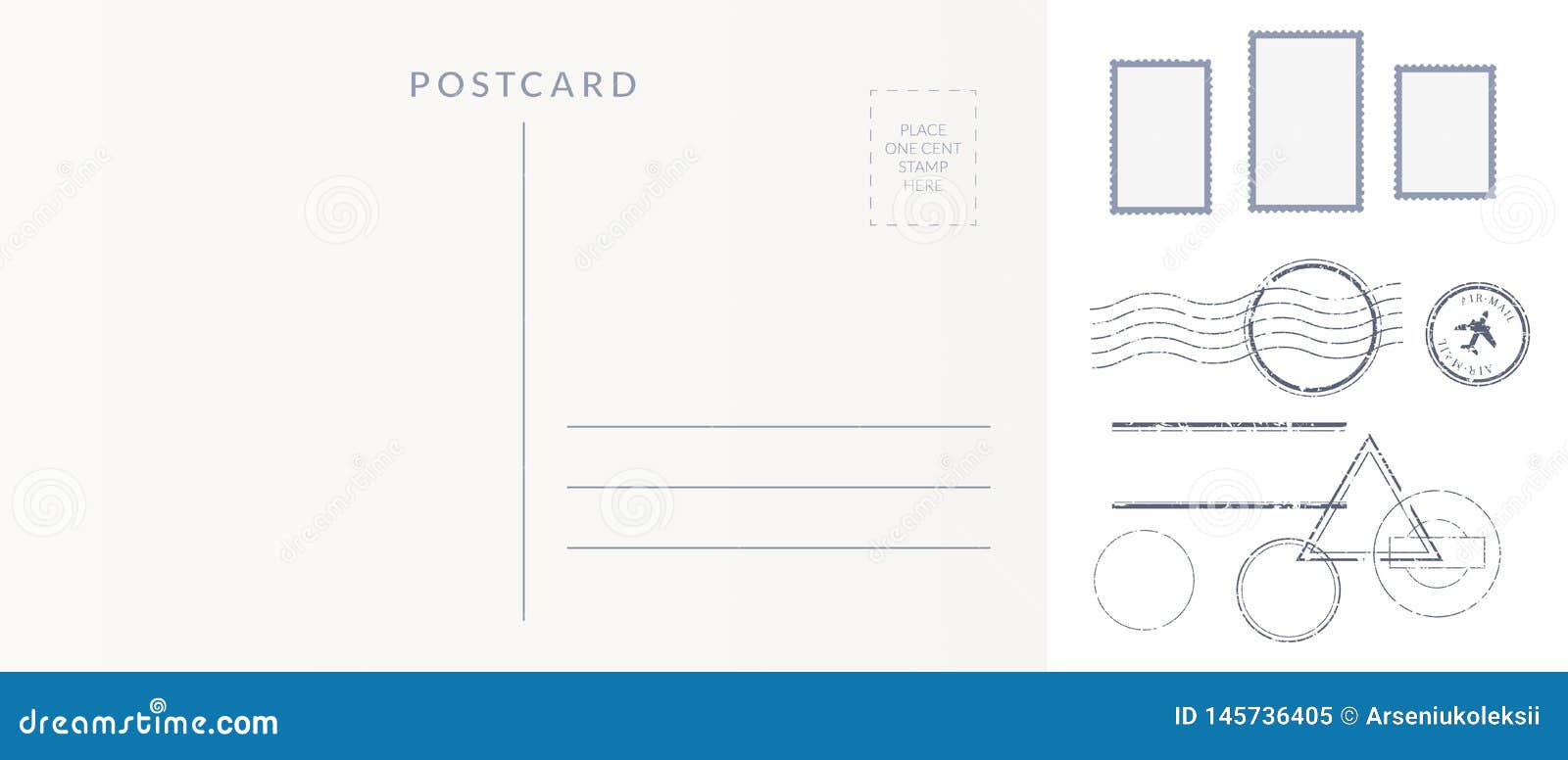 Postal Elements Set: Empty Postcard Back, Postage Stamps and Cancel ...