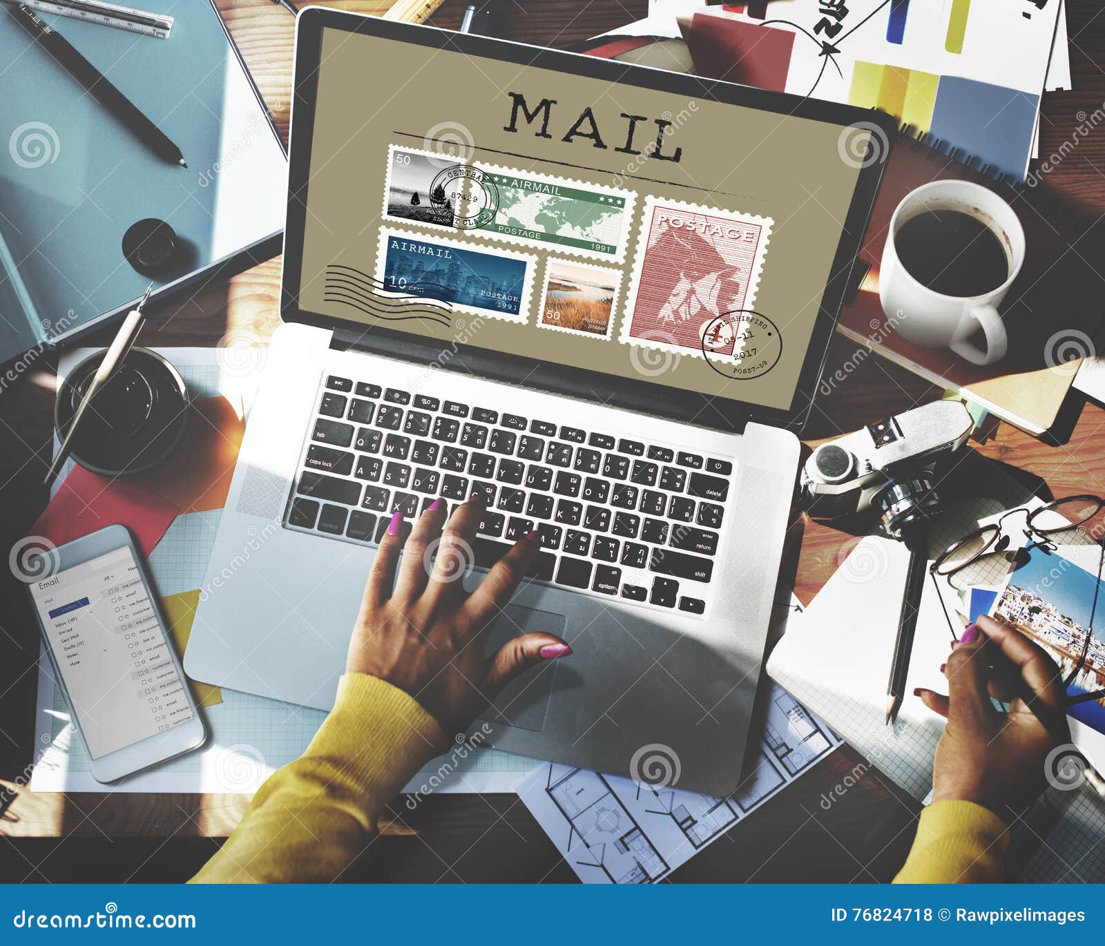 Postal Postage Mail Package Stamp Concept Stock Photo - Image of laptop ...