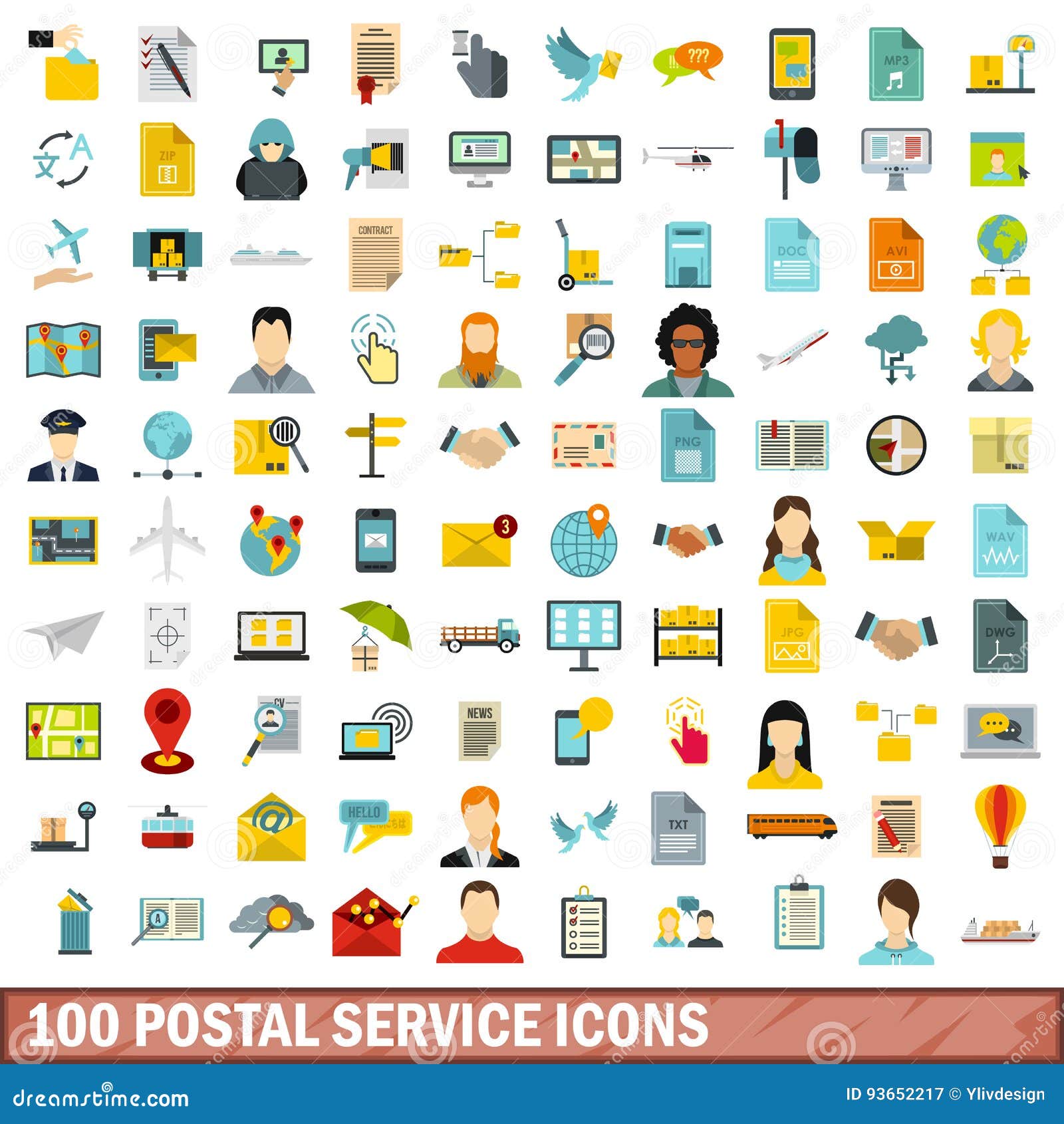 100 Postal Service Icons Set, Flat Style Stock Vector - Illustration of ...