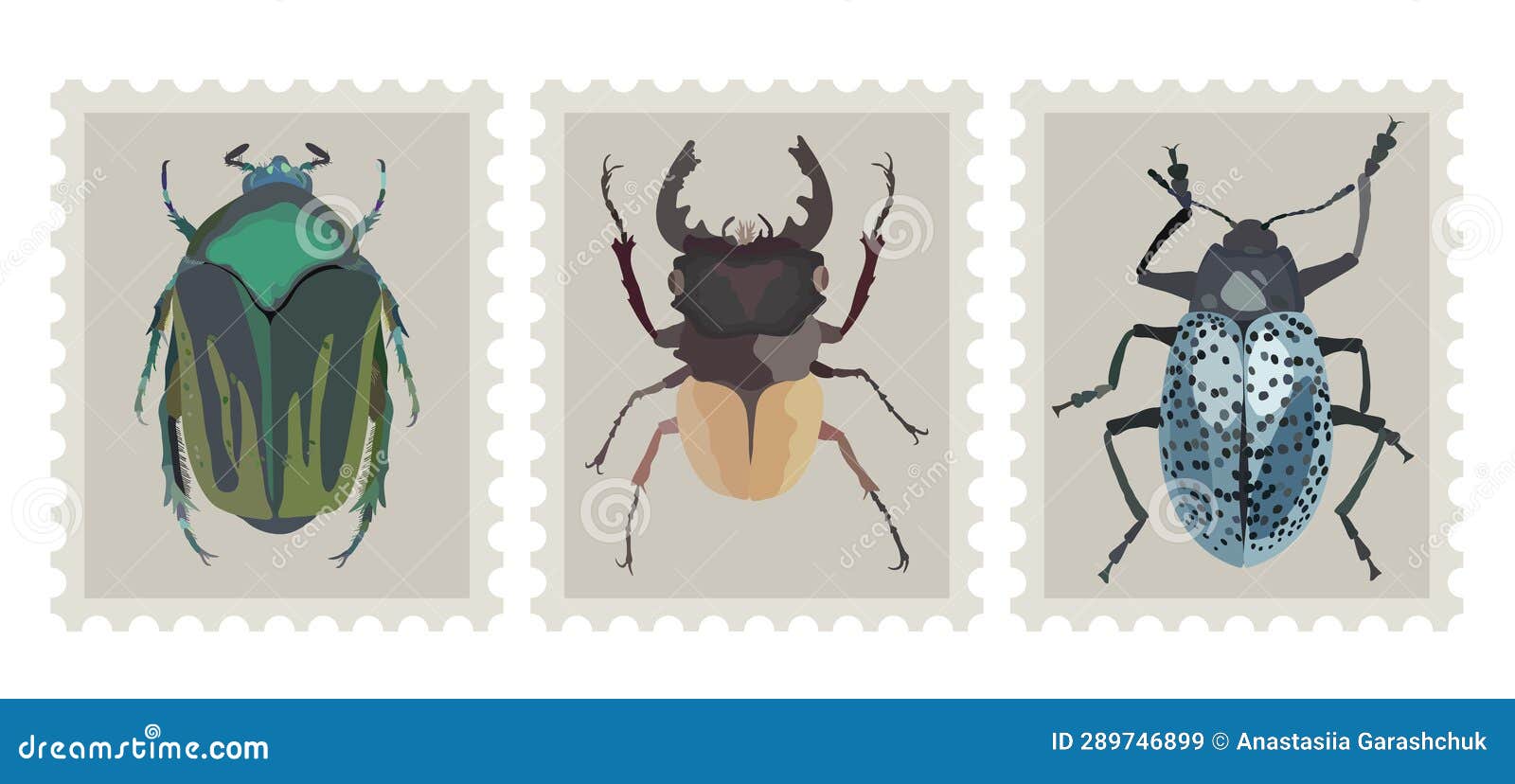 Postal Stamp Set With Bugs. Three Post Stamps With Various Beetles ...