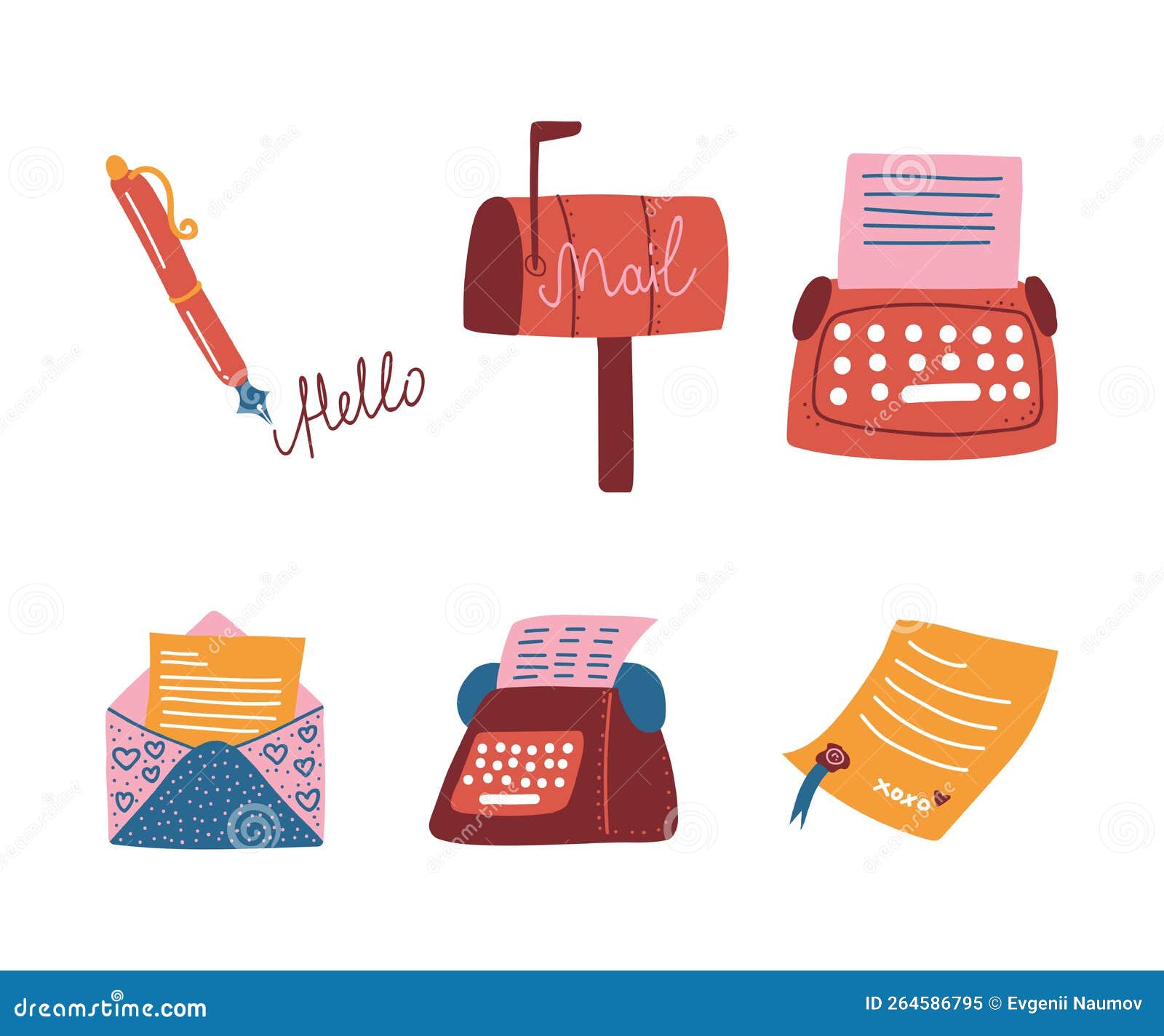 Postal Symbol with Ink Pen, Letter, Typewriter and Mail Box Vector Set ...