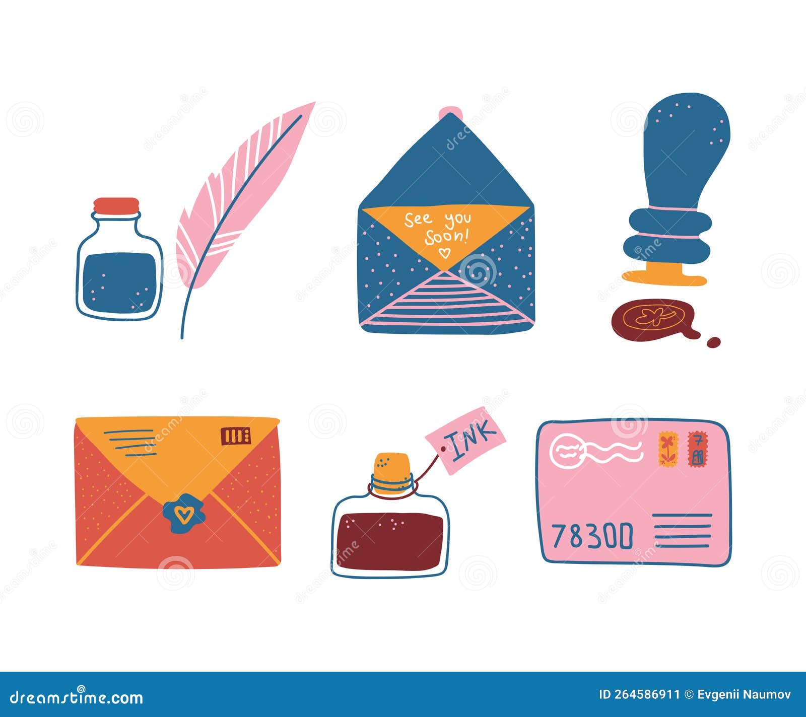 Postal Symbol with Letter, Postage Stamp, Ink and Seal Vector Set Stock ...