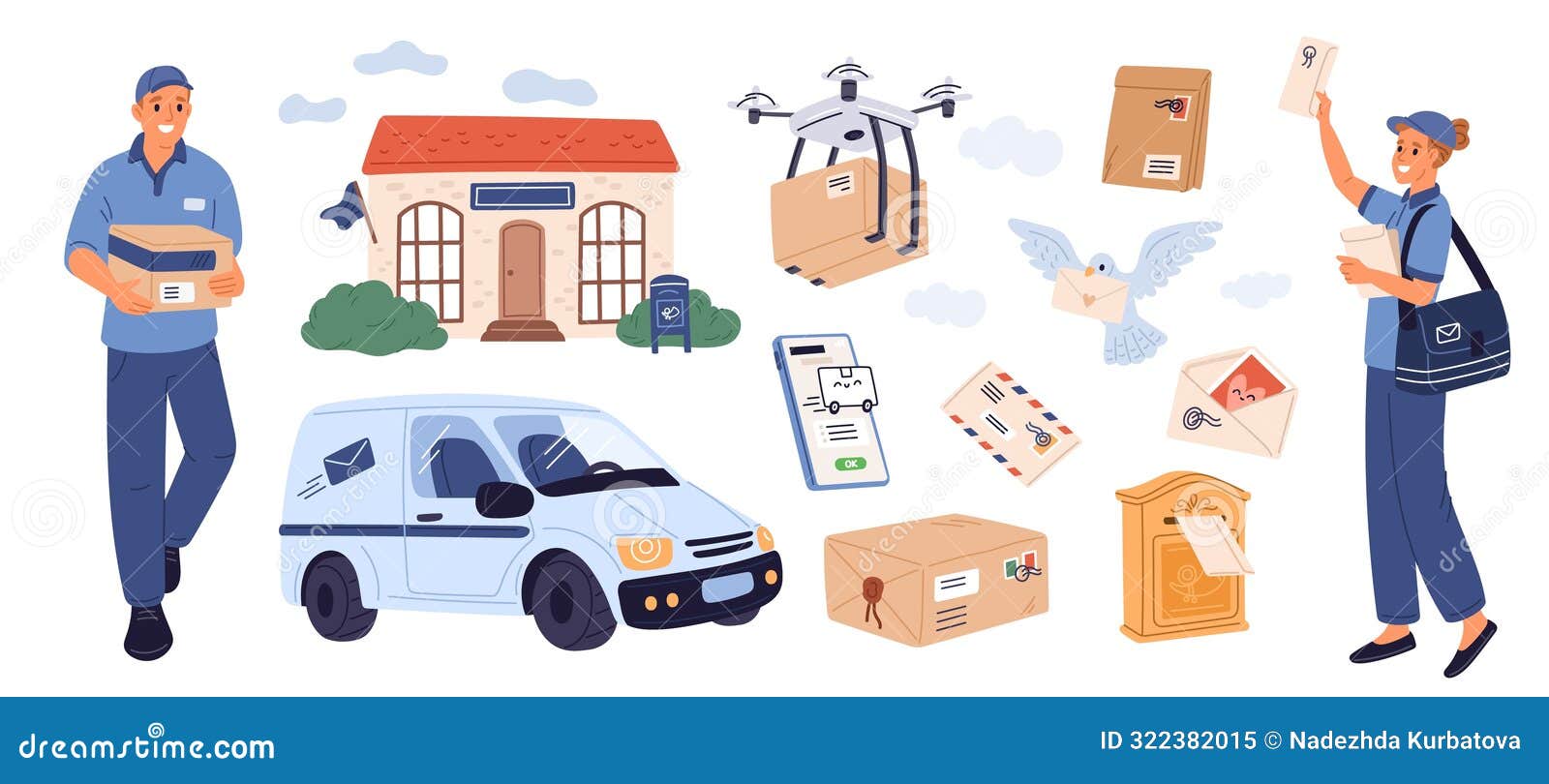 Postal Workers and Items. Delivery Service. Sending Letters and Parcels ...