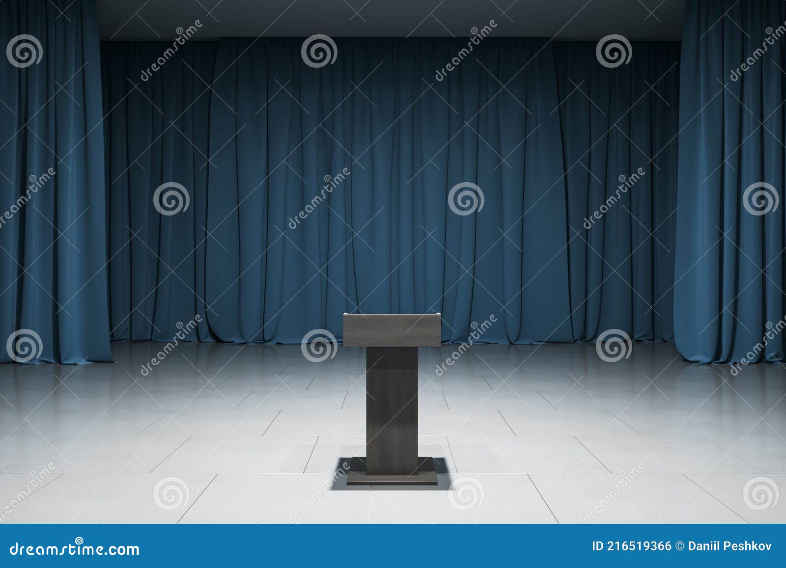 A Postament on the Empty Stage with Blue Curtains and Concrete Floor ...