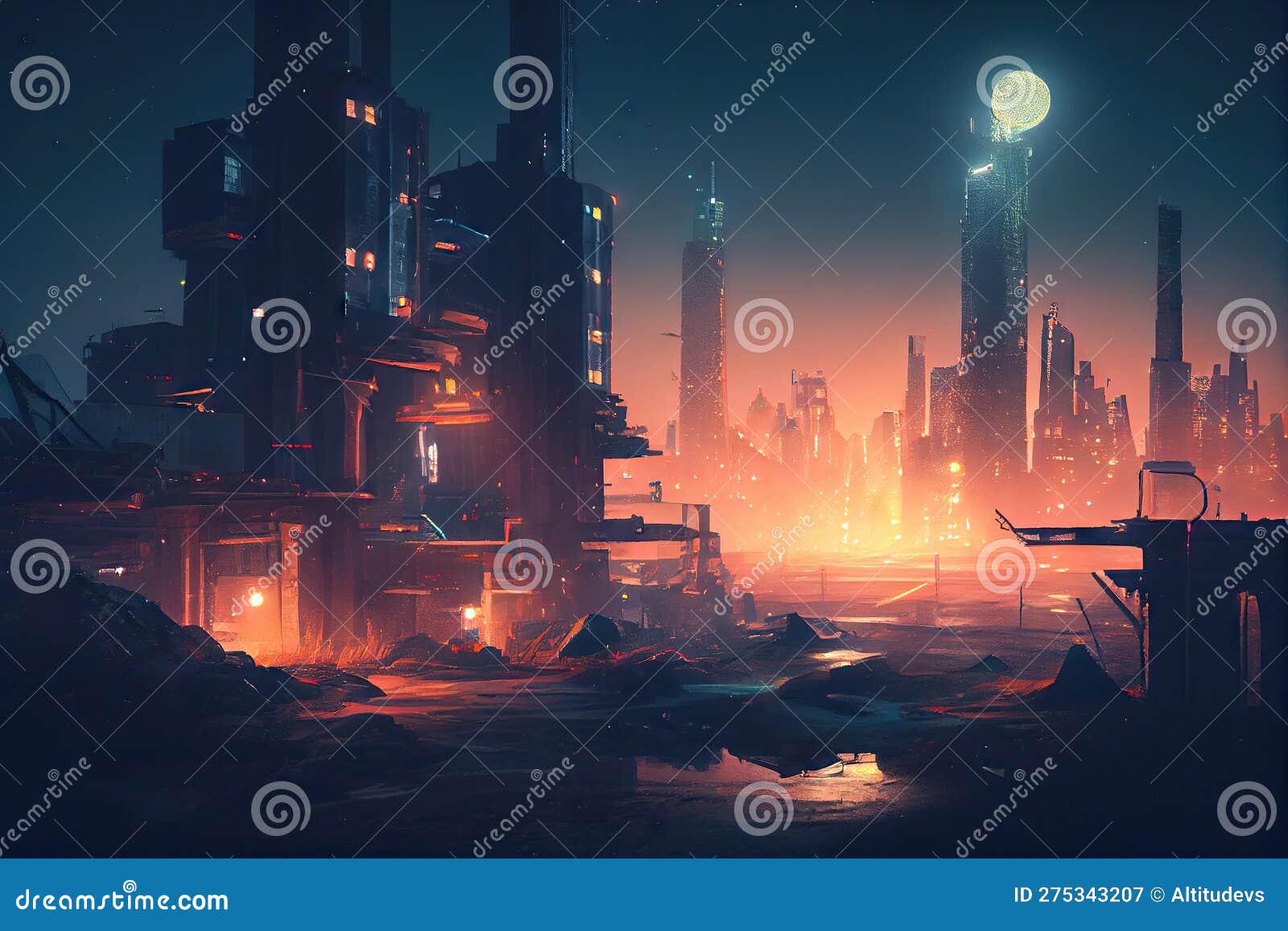 Postapocalyptic City at Night, with the Lights of the Skyline Shining ...
