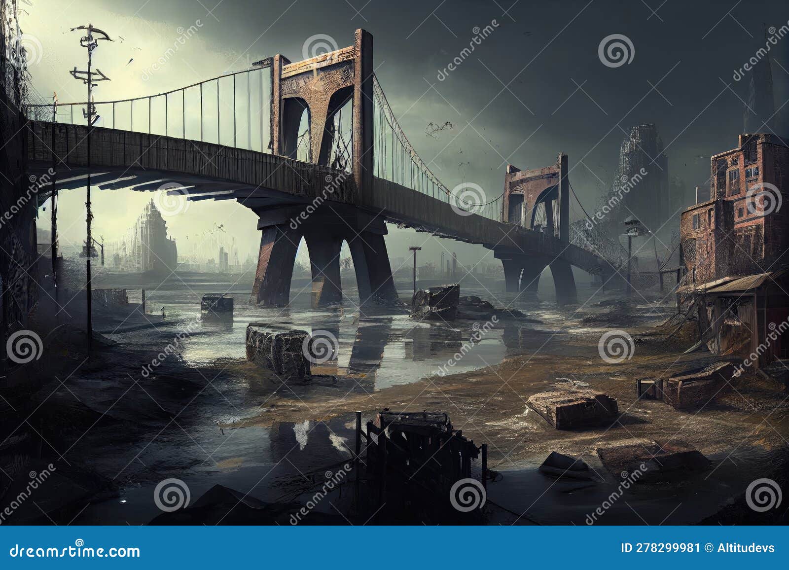 Postapocalyptic City with View of Destroyed Bridge and Raging Waters ...
