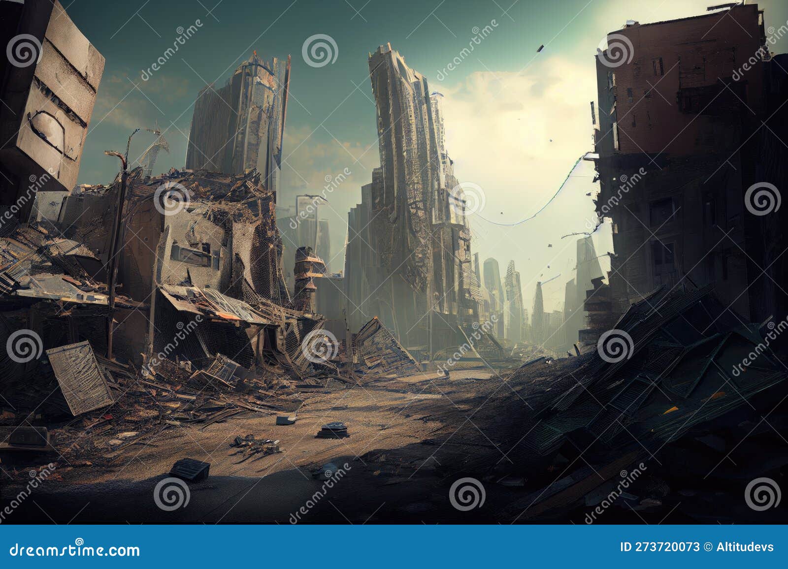 Postapocalyptic Cityscape with Broken Buildings and Rubble on the ...