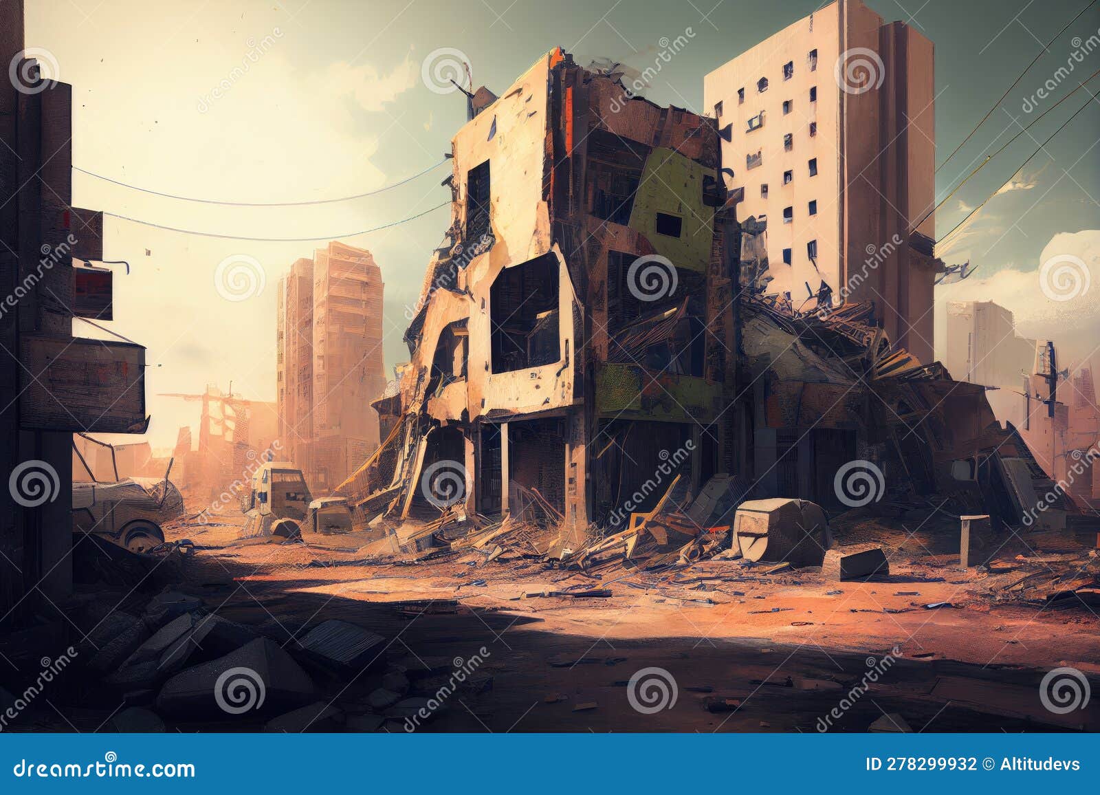 Postapocalyptic Cityscape with Broken Buildings and Rubble on the ...