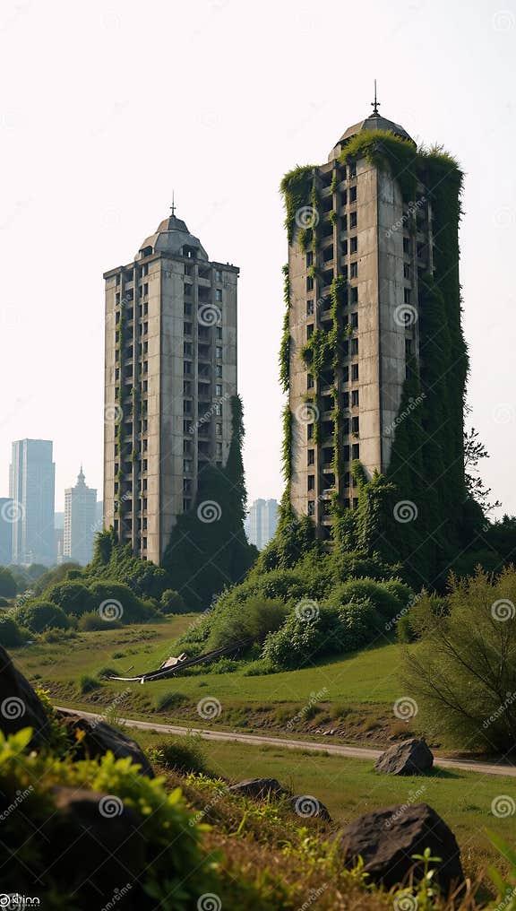 Postapocalyptic Cityscape Featuring Tall Overgrown Structures Against ...