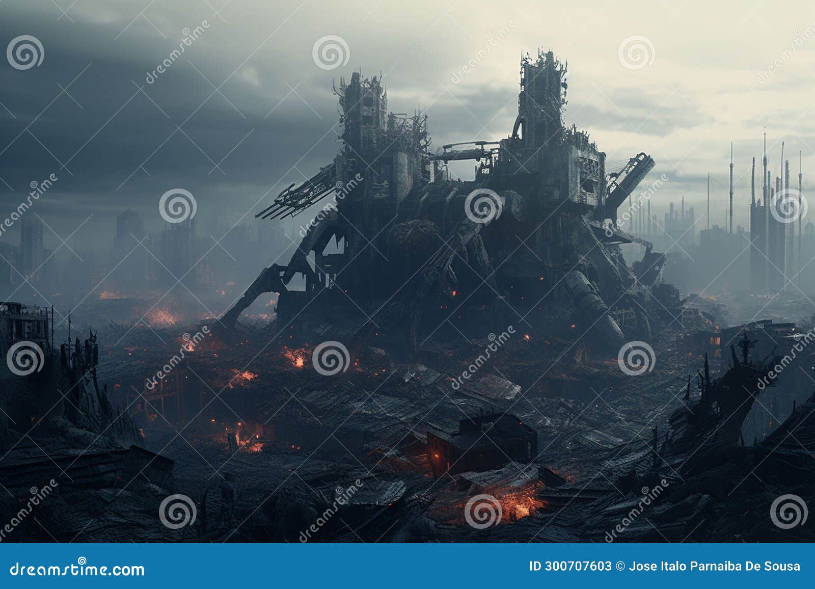 Postapocalyptic Cityscape, With View Of The Ruined Skyline And ...