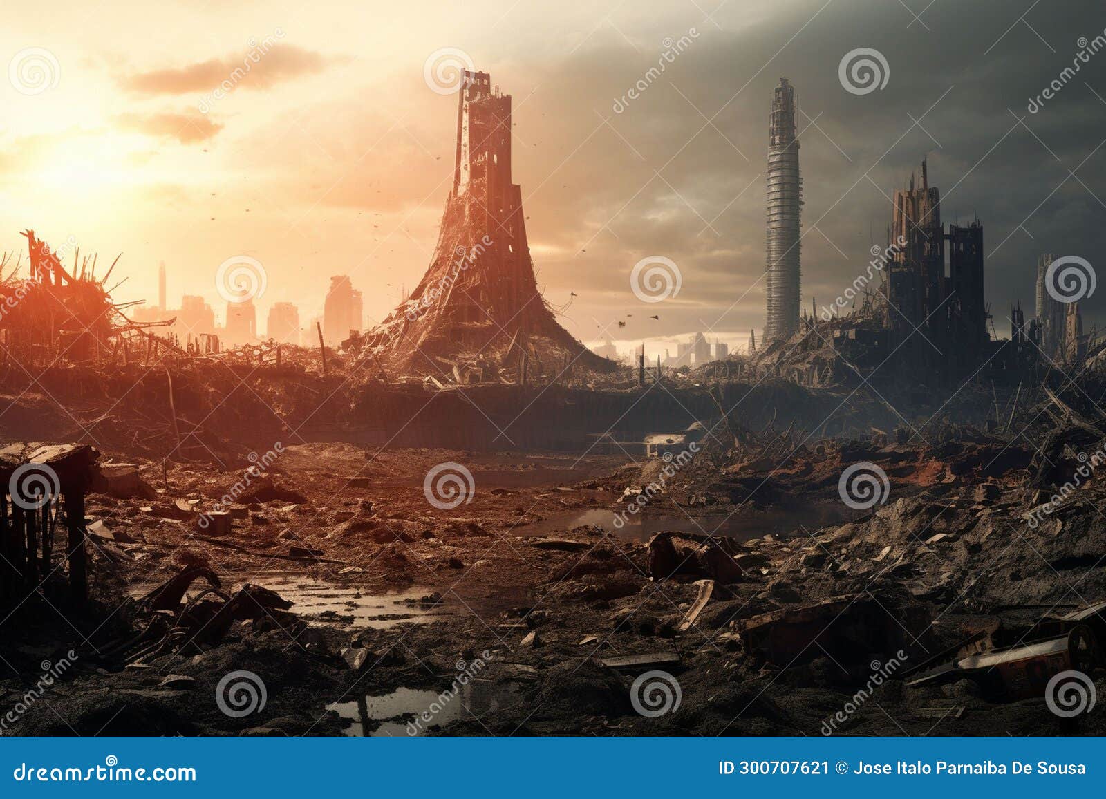 Postapocalyptic Cityscape, With View Of The Ruined Skyline And ...