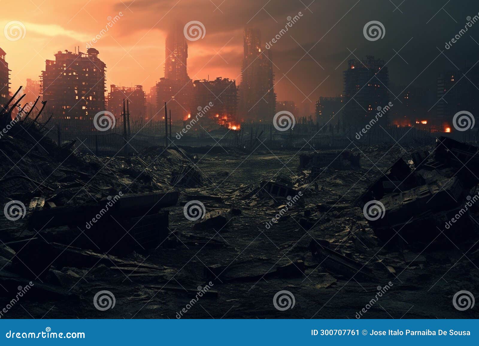 Postapocalyptic Cityscape, With View Of The Ruined Skyline And ...