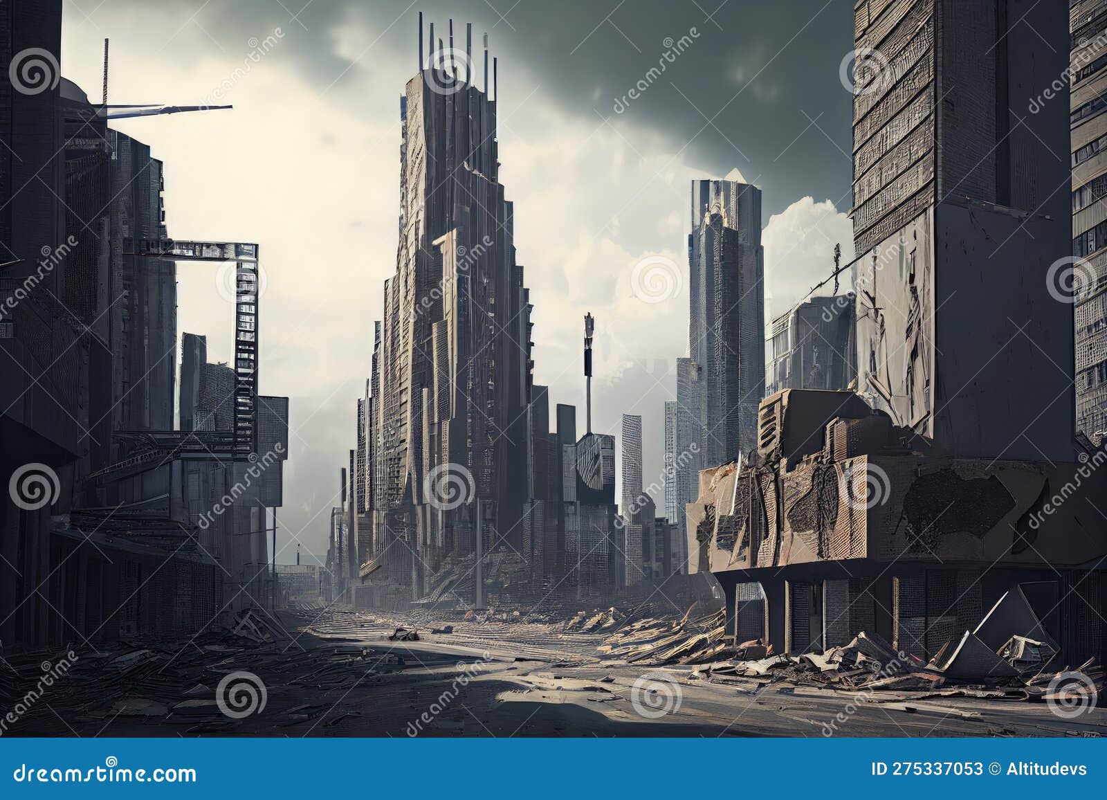 Postapocalyptic Cityscape, with Rows of Empty Skyscrapers and Broken ...