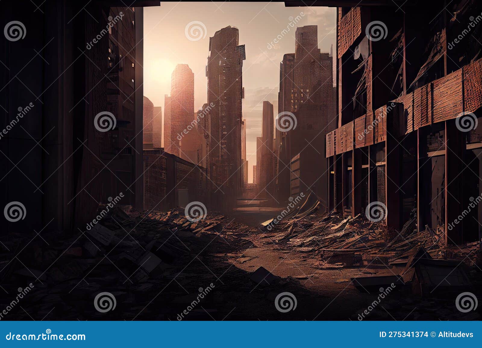 Postapocalyptic Cityscape, with Rows of Empty Skyscrapers and Broken ...
