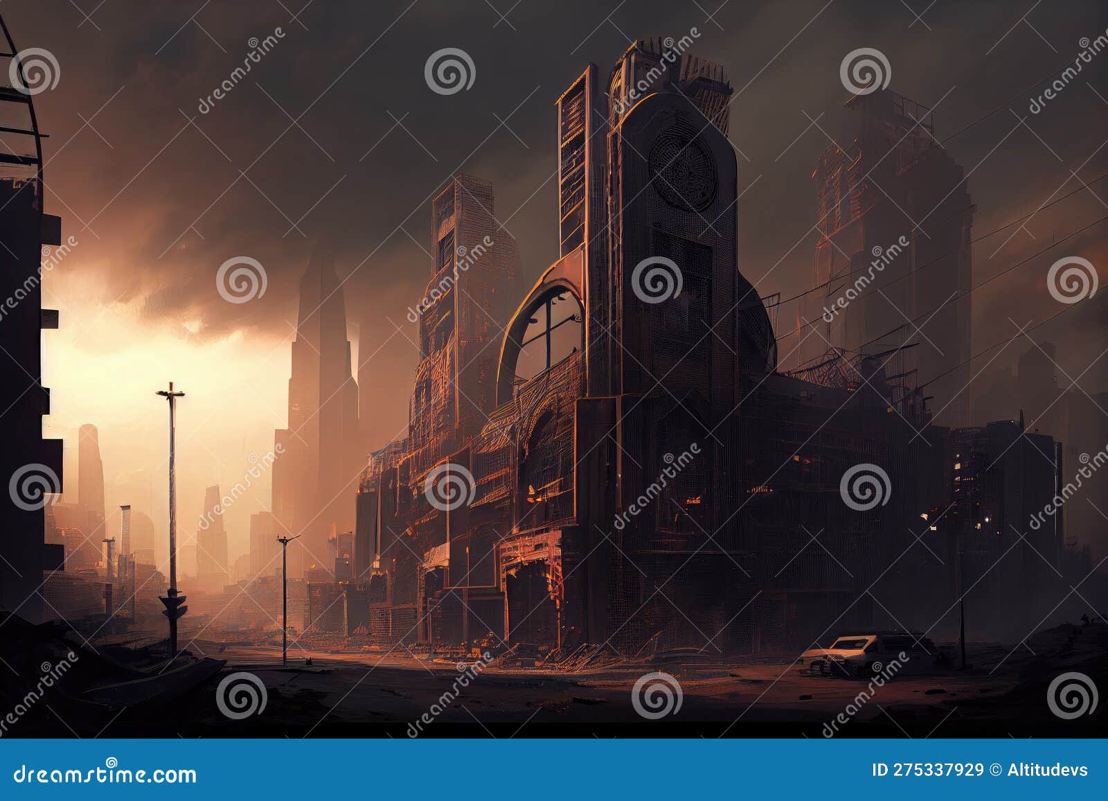 Postapocalyptic Cityscape, with Towering Structures and Smoky Skies ...
