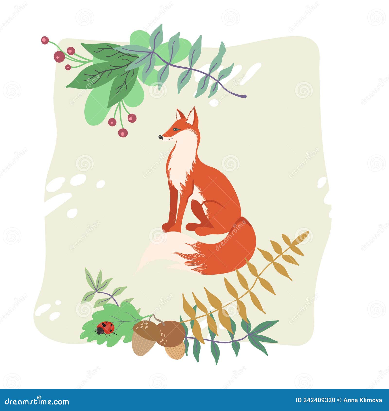 Postcard of Cartoon Forest Fox with Plant Elements Isolated on White ...