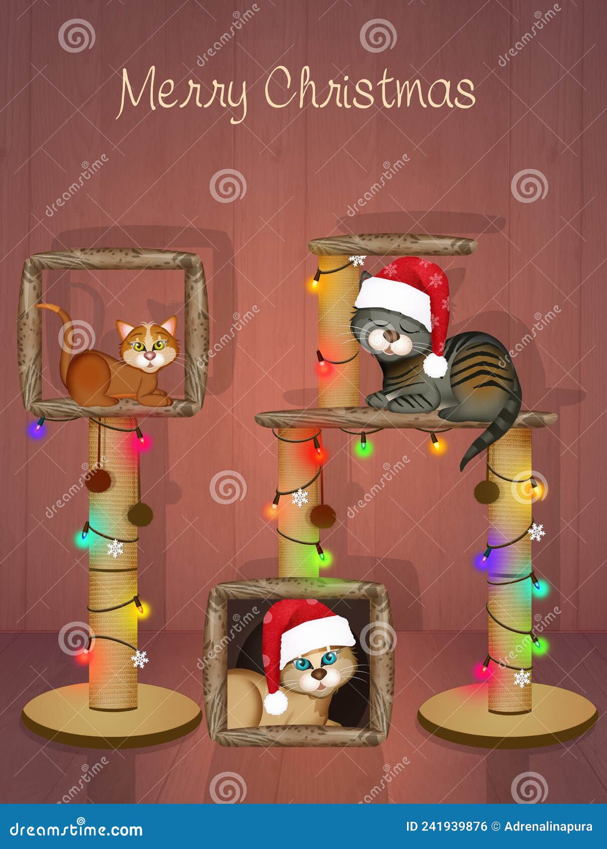Postcard with Cats and the Scratching Post Decorated for Christmas ...