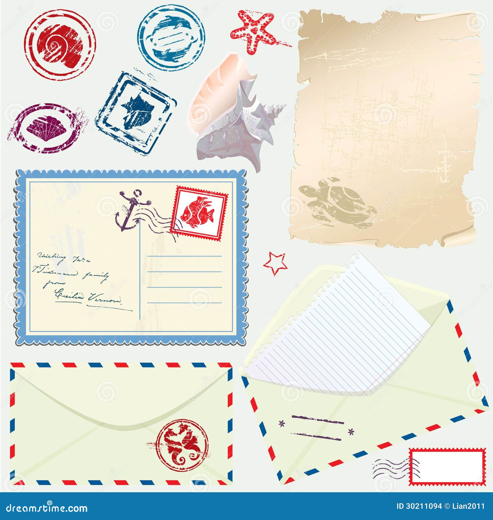 Postcard, Envelope and Paper with Retro Nautical Stock Vector ...