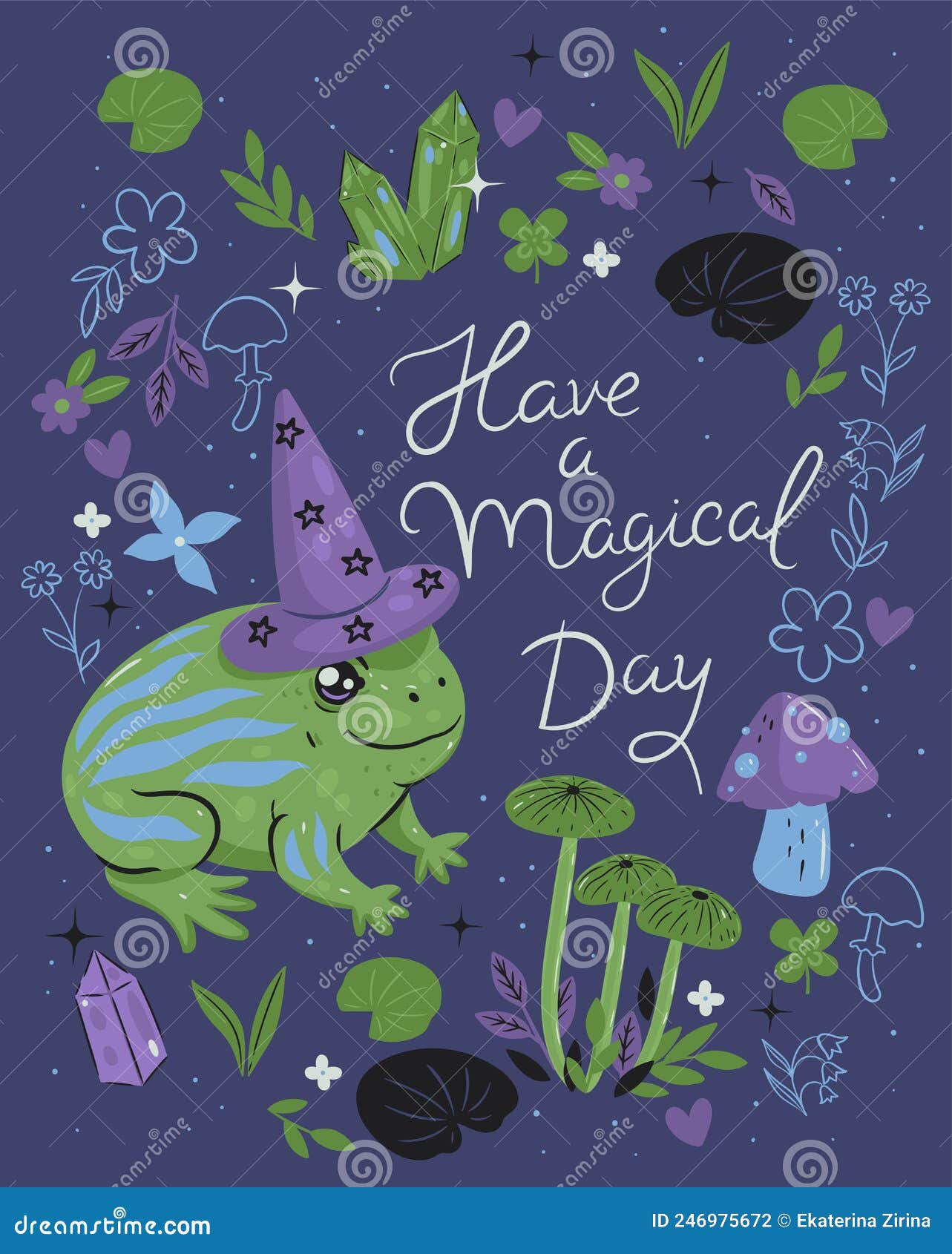 Postcard with Magic Toad, Mushrooms and Crystals. Vector Graphics Stock ...