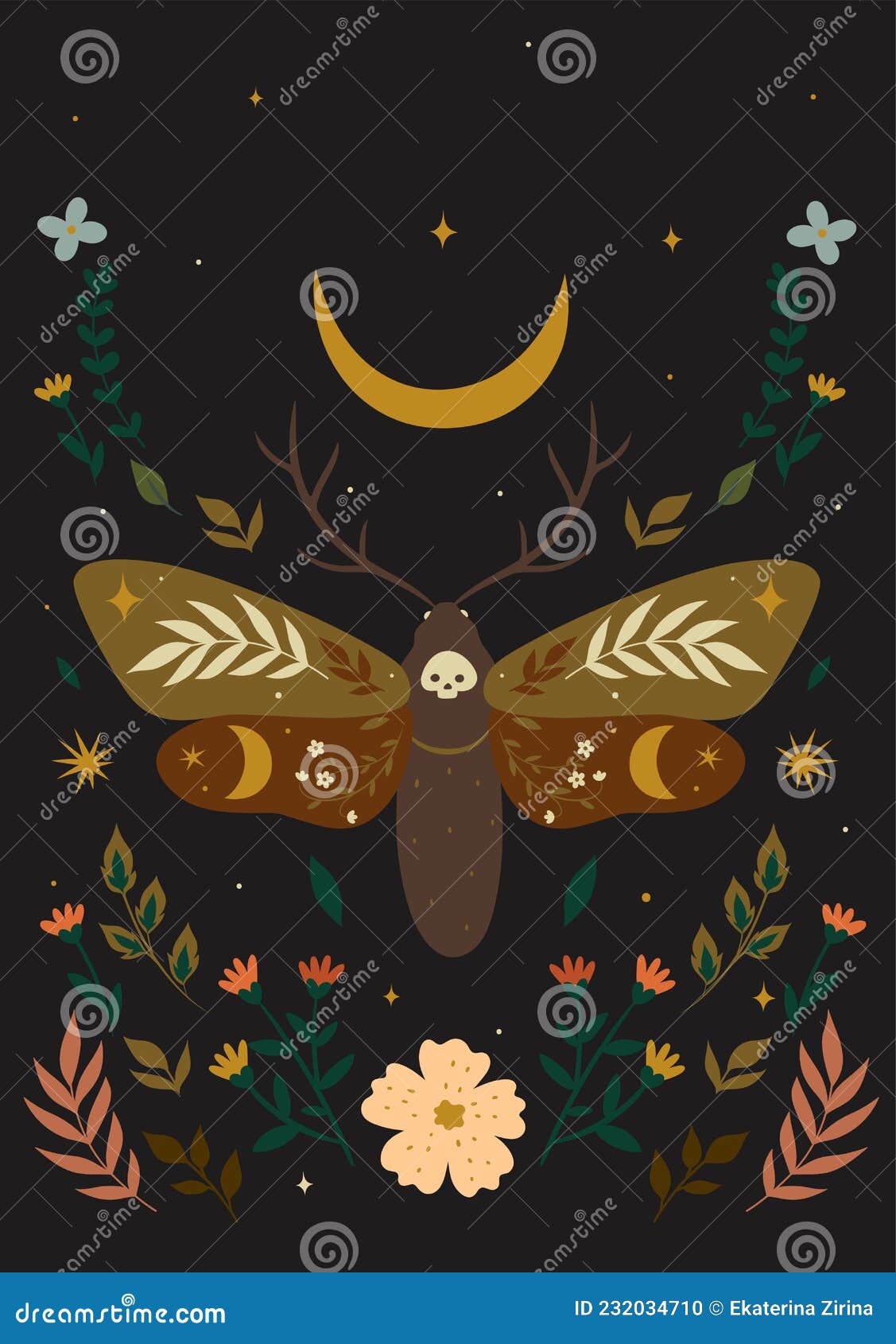Postcard with a Moth in Boho Style. Vector Graphics Stock Vector ...