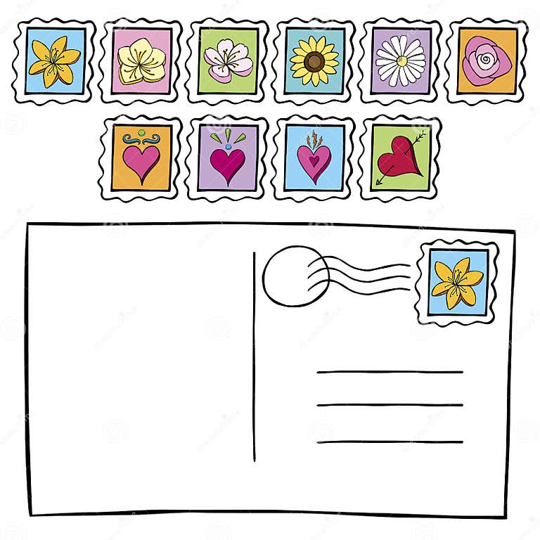 Postcard with Postage Stamps Doodle Stock Vector - Illustration of ...