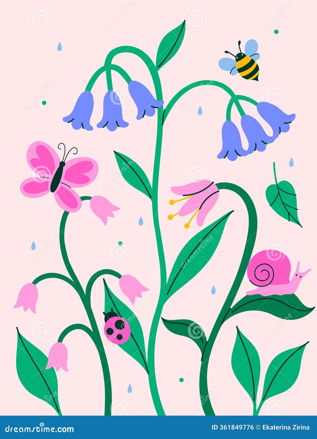 Postcard or Poster with Flowers and Insects. Vector Graphics Stock ...