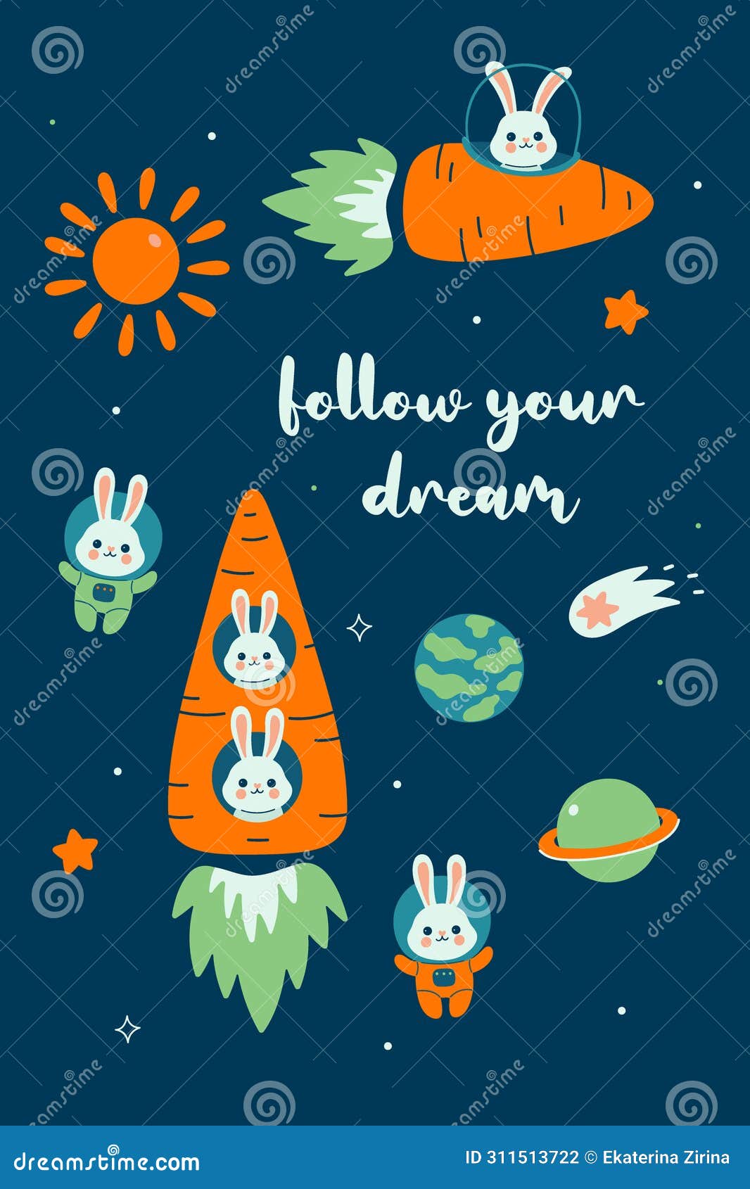 Postcard or Poster with Space in Carrot Spaceships. Vector Graphics ...