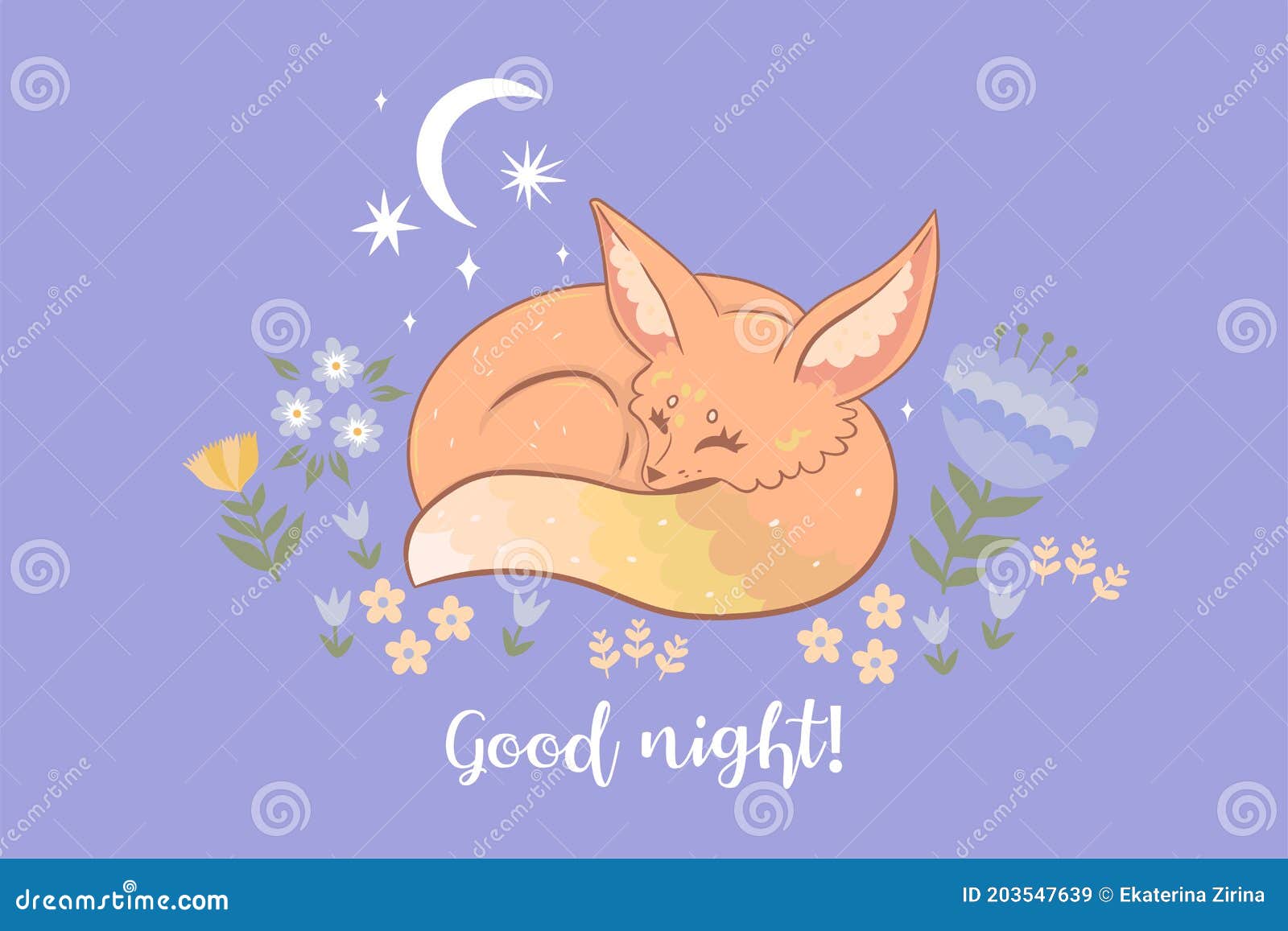 Postcard with a Sleeping Fox. Inscription Good Night. Vector Graphics ...