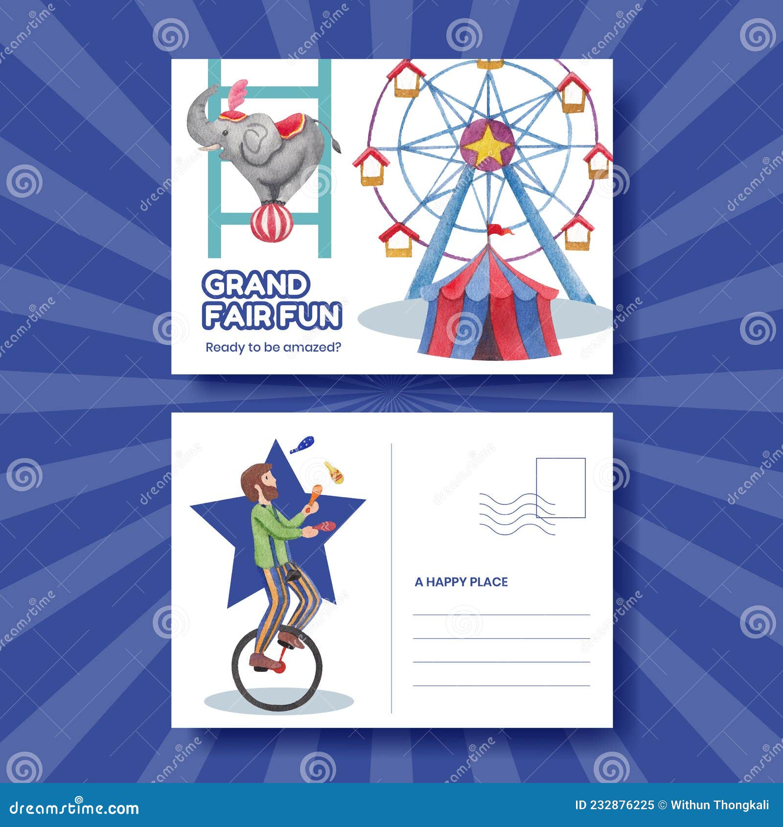 Postcard Template with Circus Funfair Concept,watercolor Style Stock ...