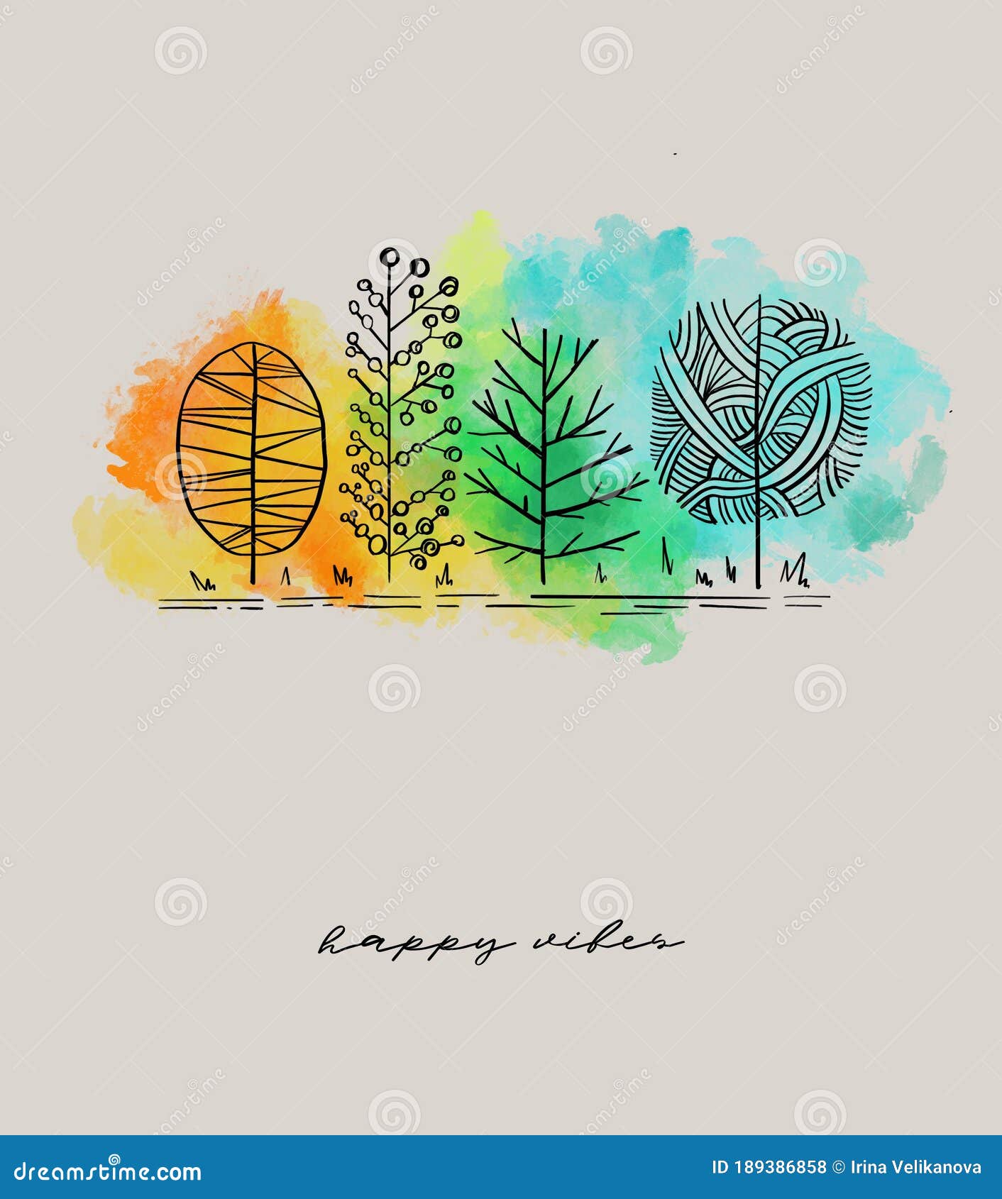 Postcard. Trees. Happy Vibes. Stock Illustration - Illustration of ...
