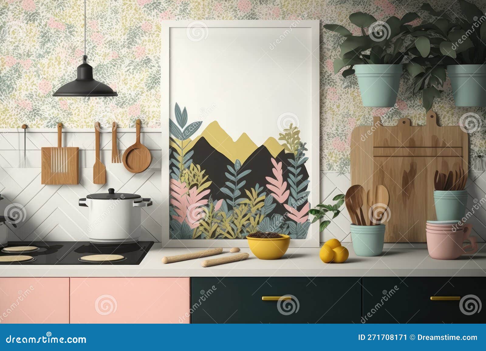 Poster Above the Kitchen Cabinet with Utensils, Interior, Backdrop, and ...