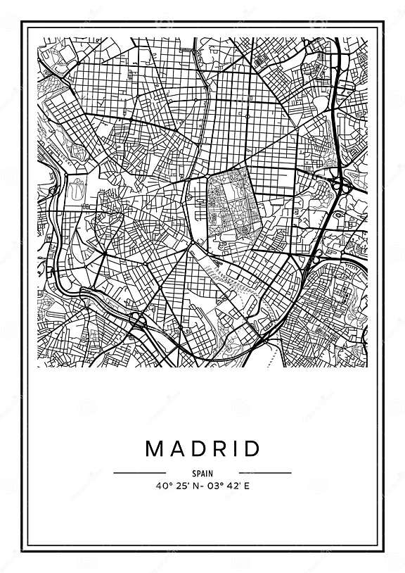 Black and White Printable Madrid City Map, Poster Design. Stock Vector ...